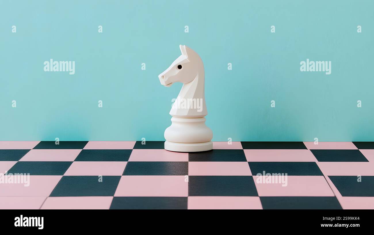 Strategically placed knight chess piece figure on a vibrant pastel ...
