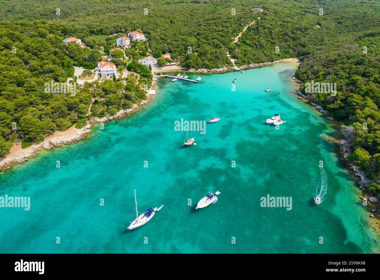 Aerial view of Rab Island beautiful coast in Dalmatia region of Croatia ...