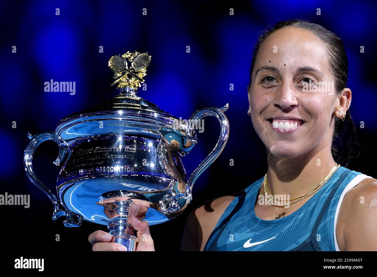 Madison Keys of the U.S. holds the Daphne Akhurst Memorial Cup after ...