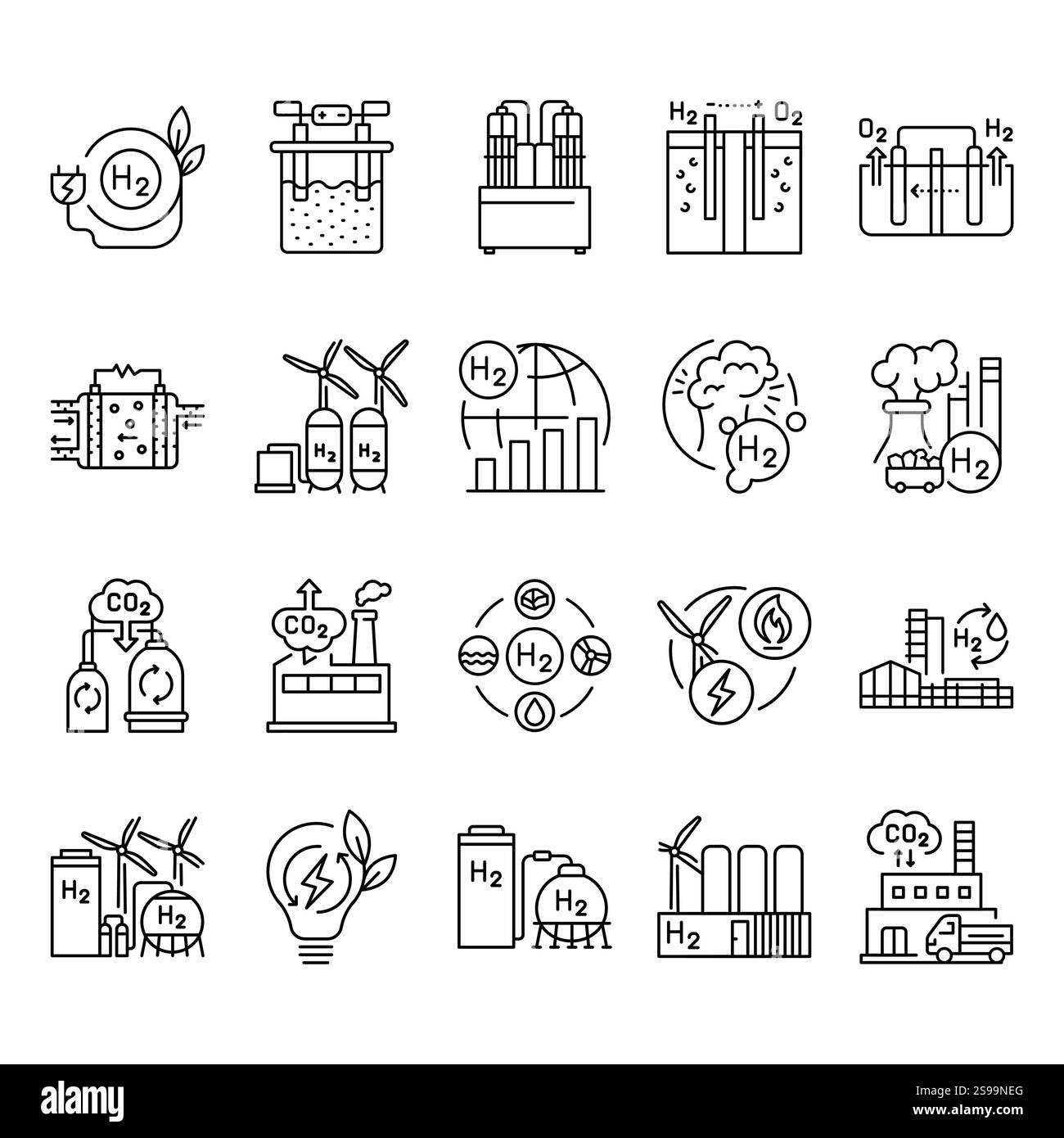 Green hydrogen technologies line black icons set. Sign for web page ...