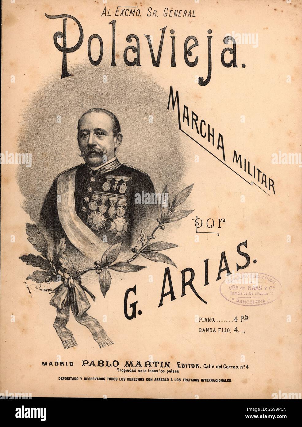 Partitura musical de la Marcha militar, dedicada al general Polavieja ...