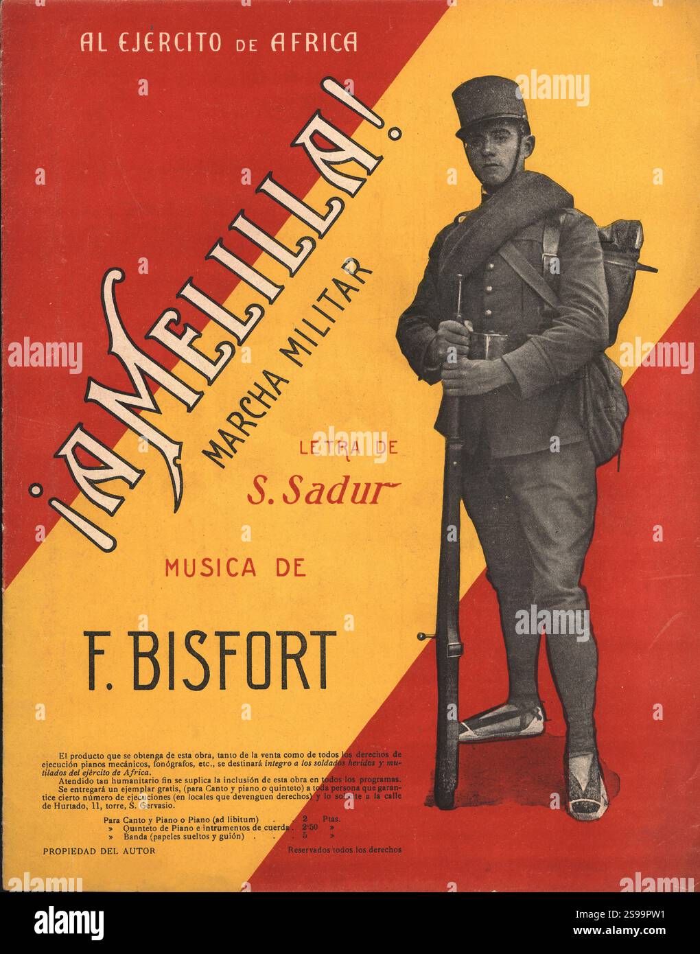 Partitura musical de la marcha militar "¡A Melilla!", de F. Bisfort. Barcelona, 1922 Stock Photo ...