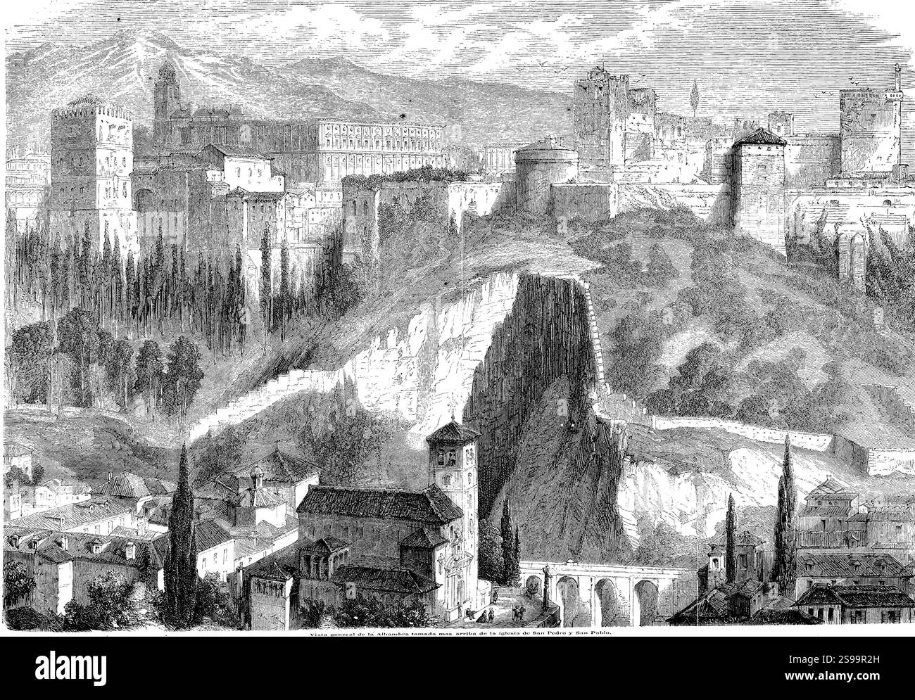 España. Siglo XIX. Granada. Vista general de la Alhambra con la iglesia ...