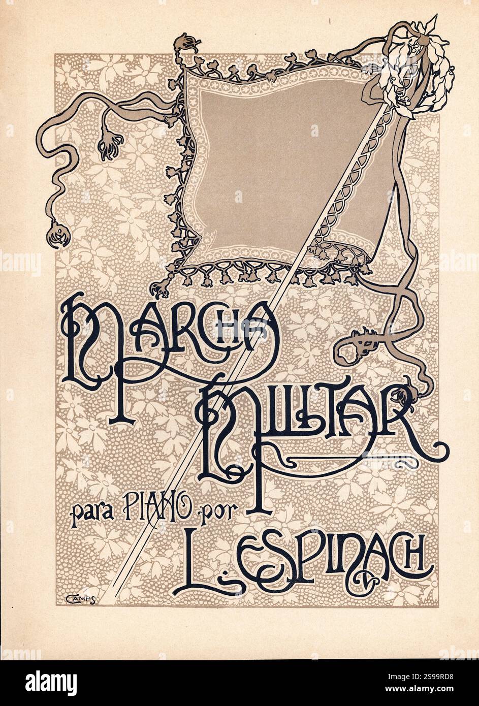 Partitura musical "Marcha Militar", por L. Espinach. Portada ilustrada ...