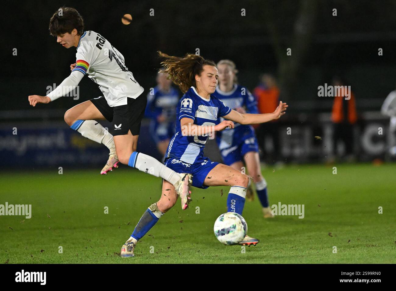 Jasmien Mathys (12) of AA Gent Ladies and Isabelle Iliano (18) of Club YLA pictured during a ...