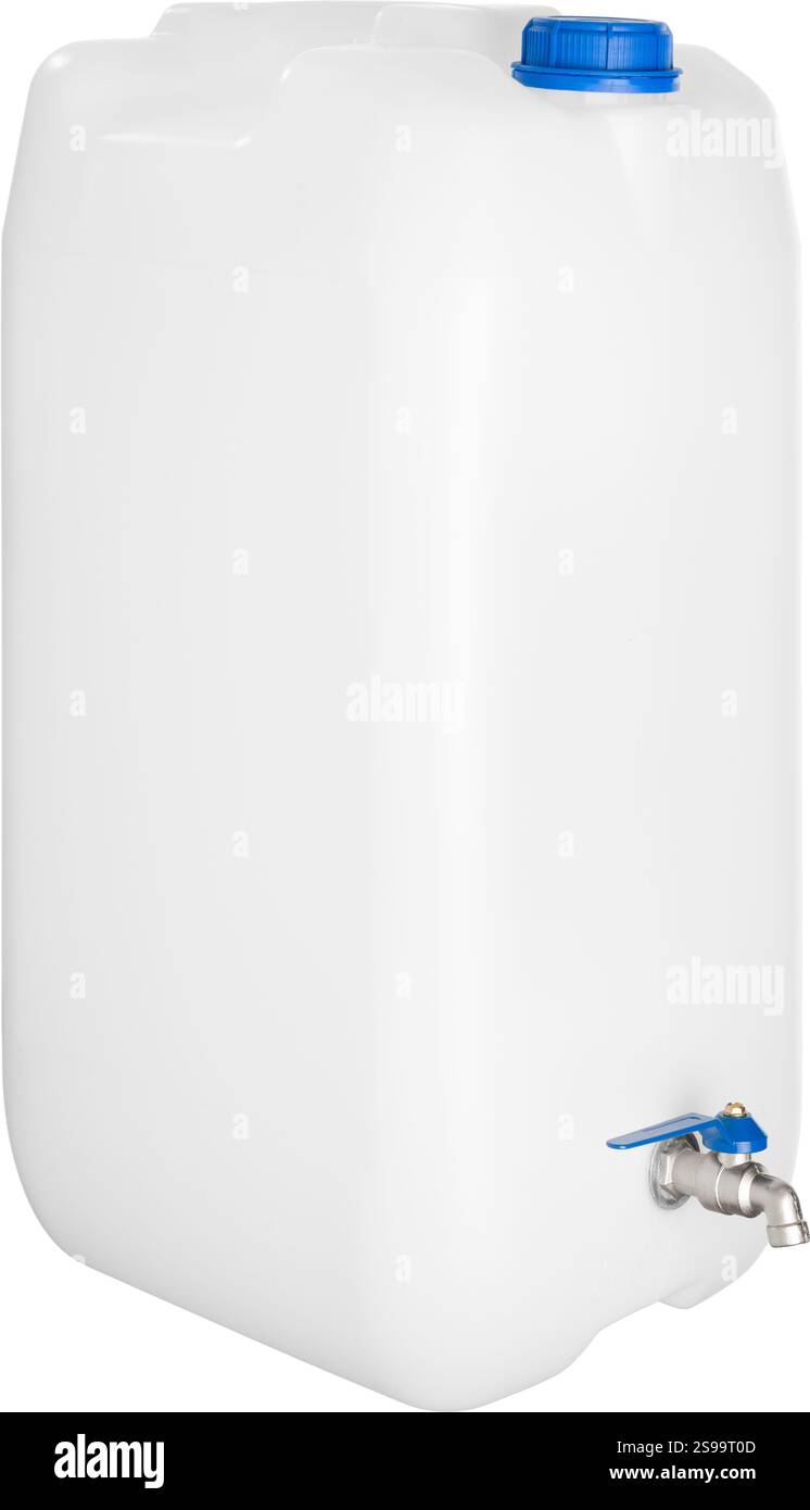 White Plastic Water Container with Tap and Blue Lid Stock Photo - Alamy