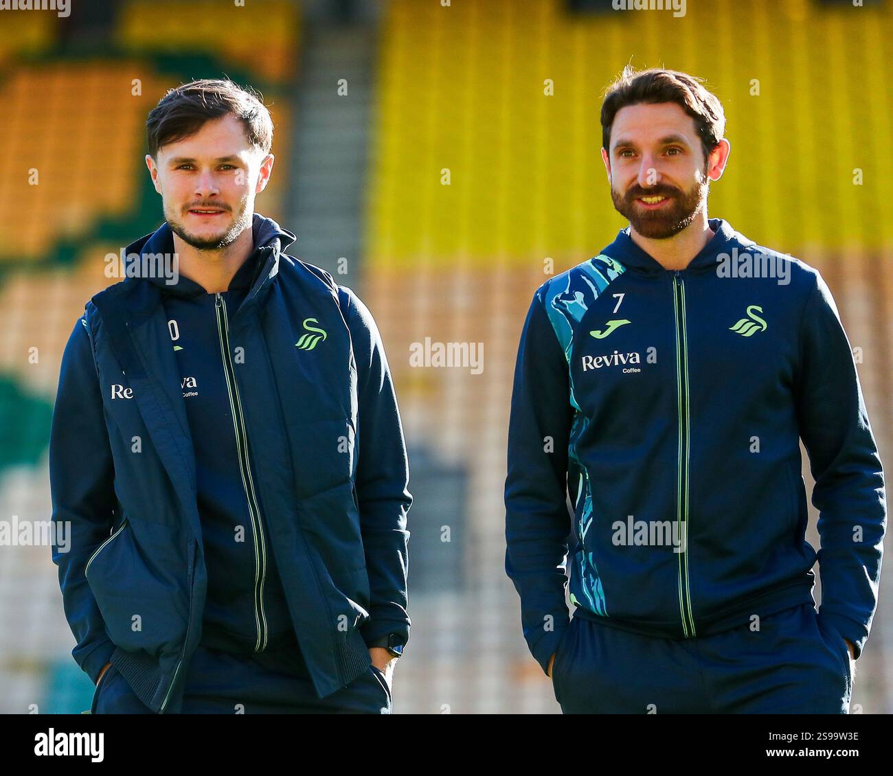 Liam Cullen and Joe Allen of Swansea City AFC arrives at Carrow Road ...