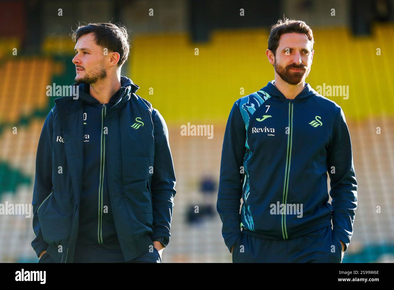 Liam Cullen and Joe Allen of Swansea City AFC arrives at Carrow Road ...