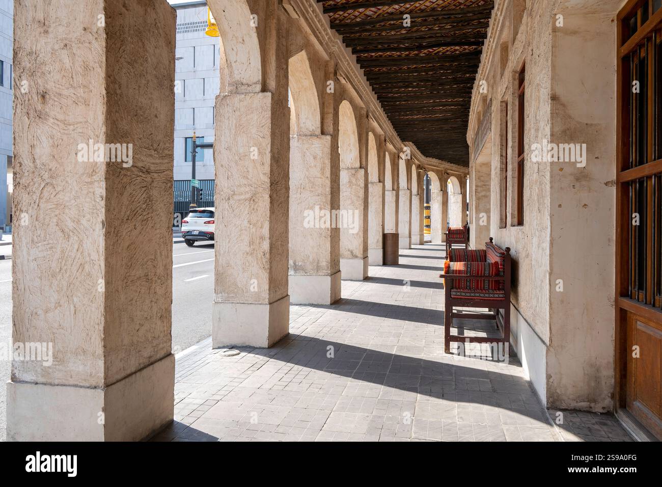 Historic building housing stables with Arabian horses near Falcon Souq ...