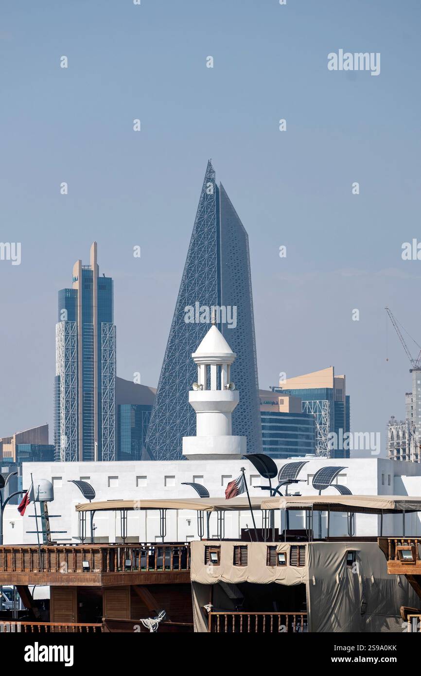 Doha, Qatar - January 24, 2025: Dhow harbour Mosque Corniche Road Qatar ...
