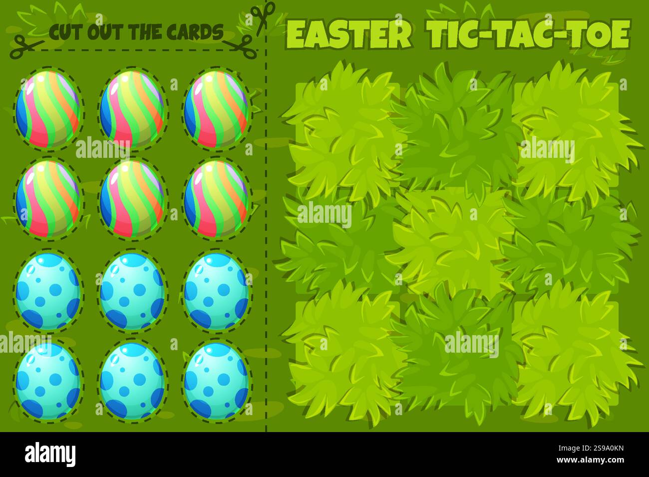Board game TIC-TAC-TOE. Easter themed. Grass background with Colored ...