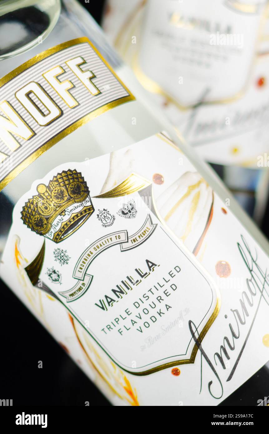 LONDON, UNITED KINGDOM - APRIL 17, 2024 A bottle of flavoured Smirnoff ...