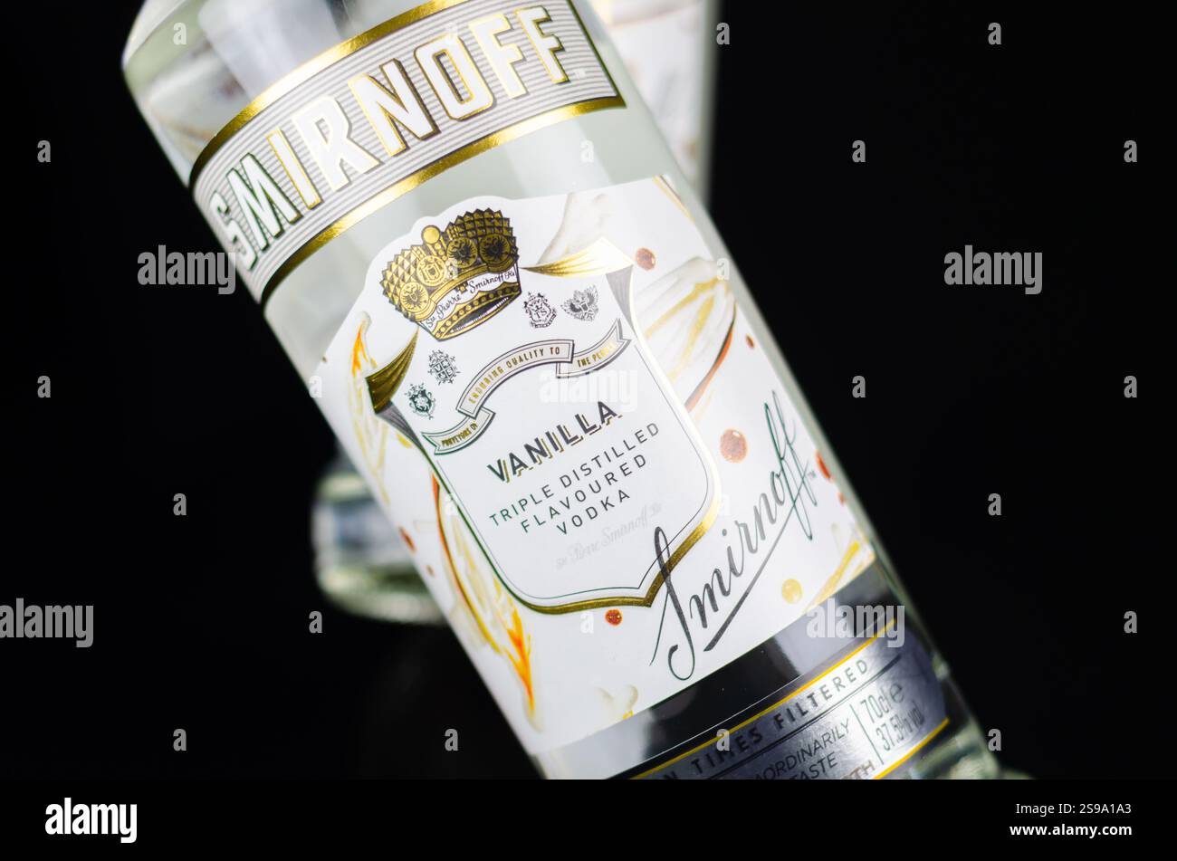 LONDON, UNITED KINGDOM - APRIL 17, 2024 A bottle of flavoured Smirnoff ...