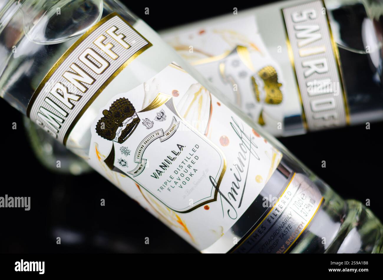 LONDON, UNITED KINGDOM - APRIL 17, 2024 A bottle of flavoured Smirnoff ...
