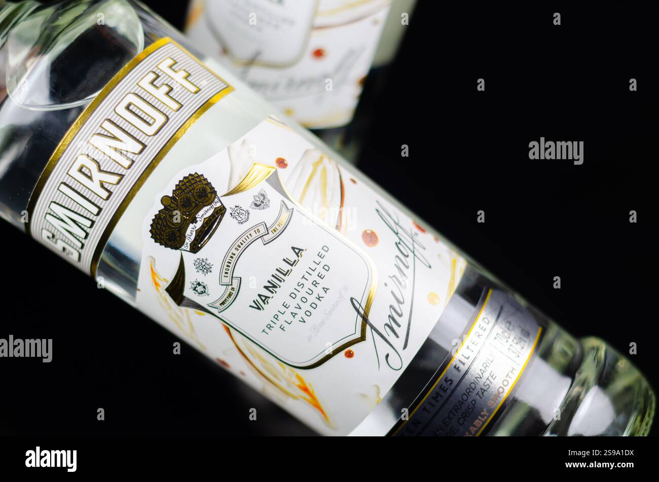 LONDON, UNITED KINGDOM - APRIL 17, 2024 A bottle of flavoured Smirnoff ...