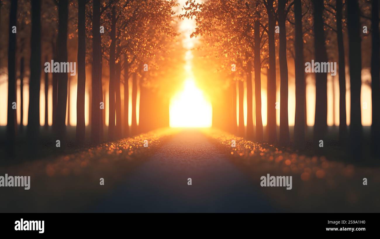 Golden Forest Path Leading to a Glowing Horizon,Representing the ...