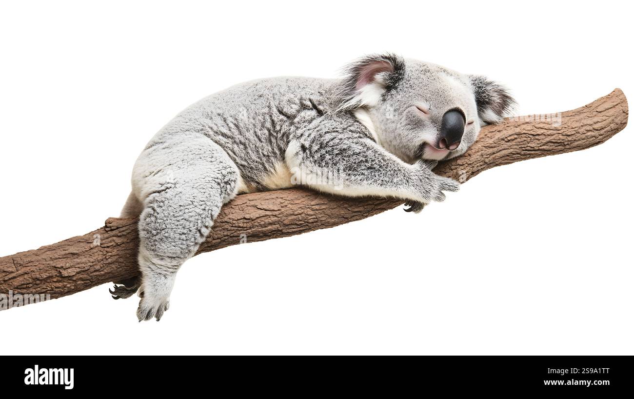 Sleepy koala bear clinging to a tree branch,isolated on a plain white ...