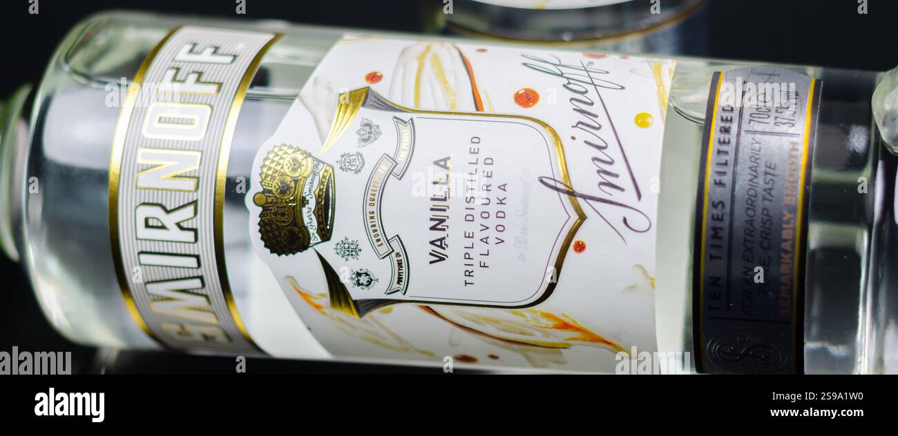 LONDON, UNITED KINGDOM - APRIL 17, 2024 A bottle of flavoured Smirnoff ...