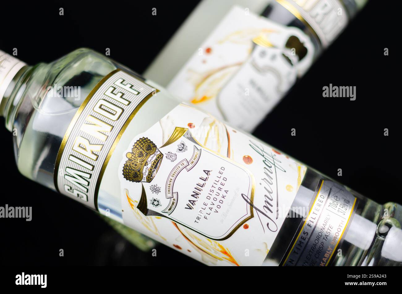 LONDON, UNITED KINGDOM - APRIL 17, 2024 A bottle of flavoured Smirnoff ...