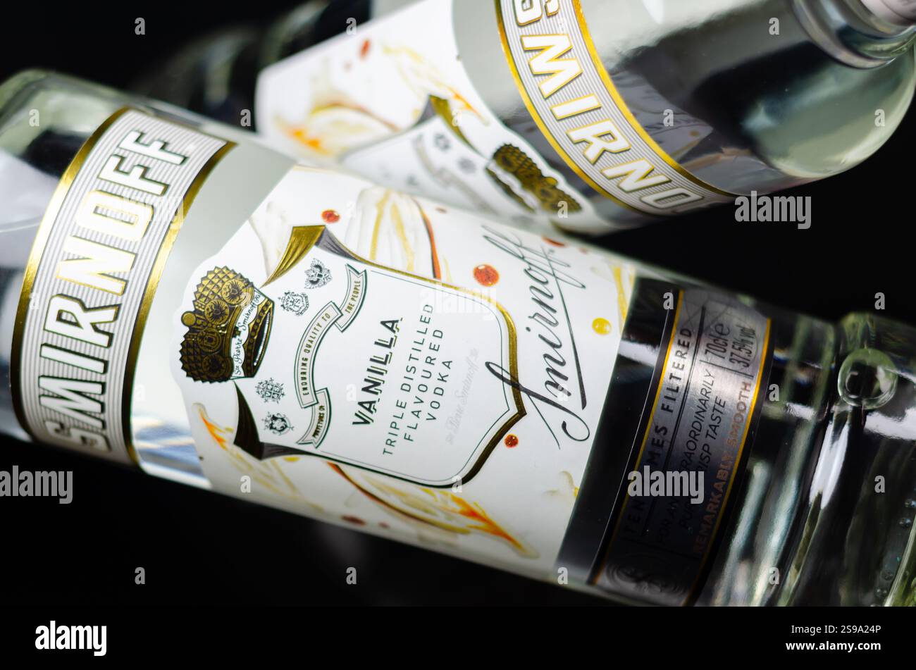LONDON, UNITED KINGDOM - APRIL 17, 2024 A bottle of flavoured Smirnoff ...