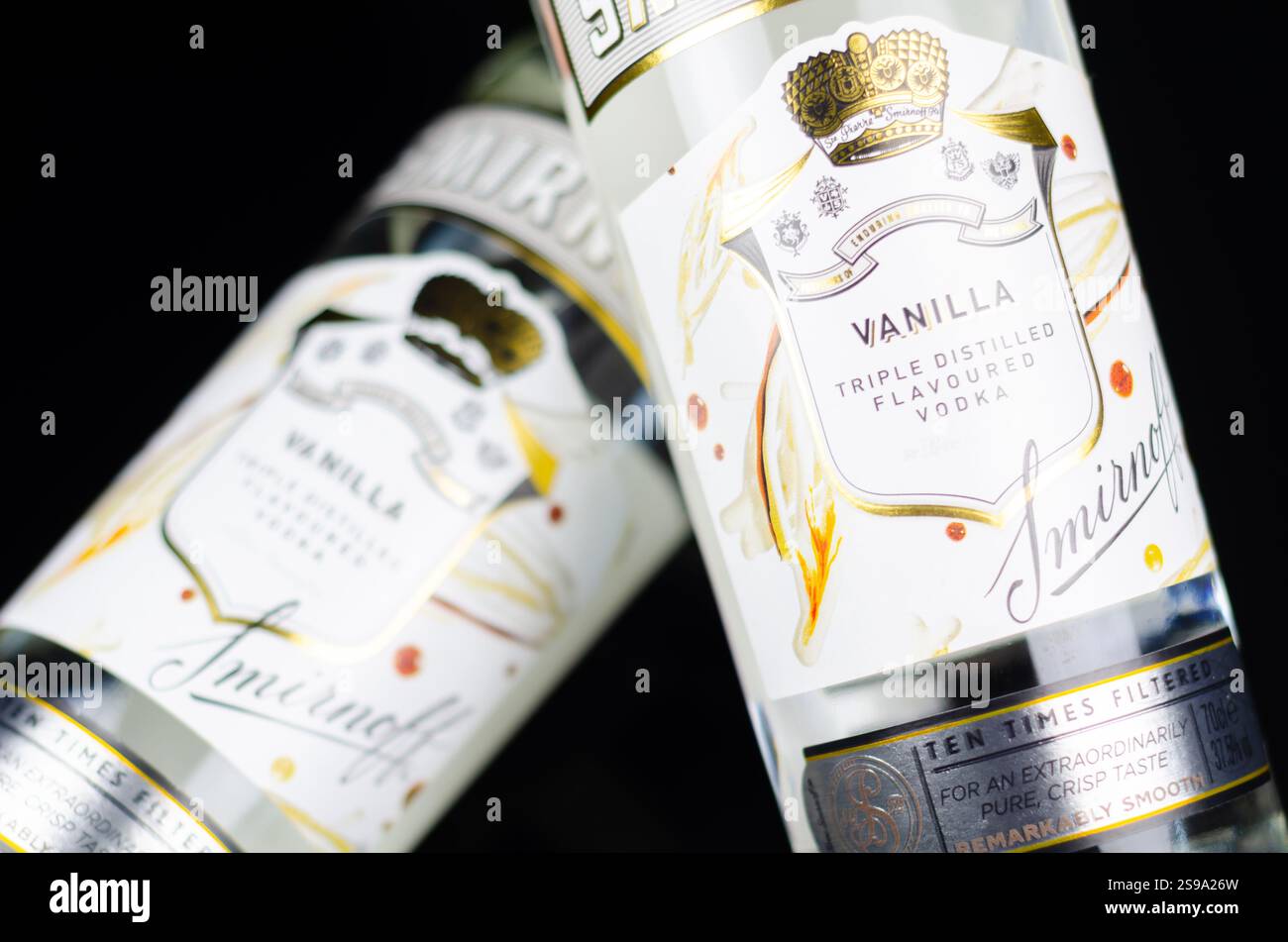 LONDON, UNITED KINGDOM - APRIL 17, 2024 A bottle of flavoured Smirnoff ...