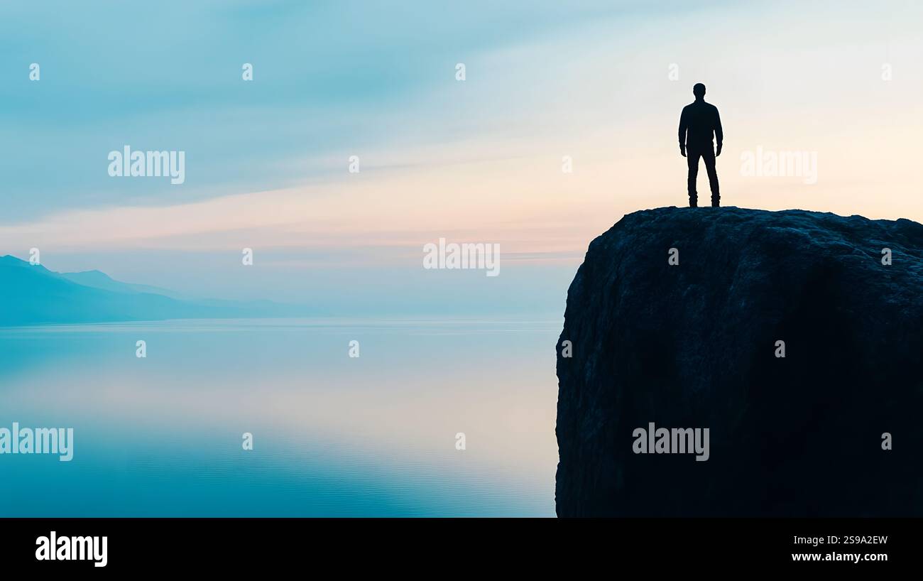 Embracing Courage:Silhouetted Figure on a Cliff at Dusk Symbolizing ...