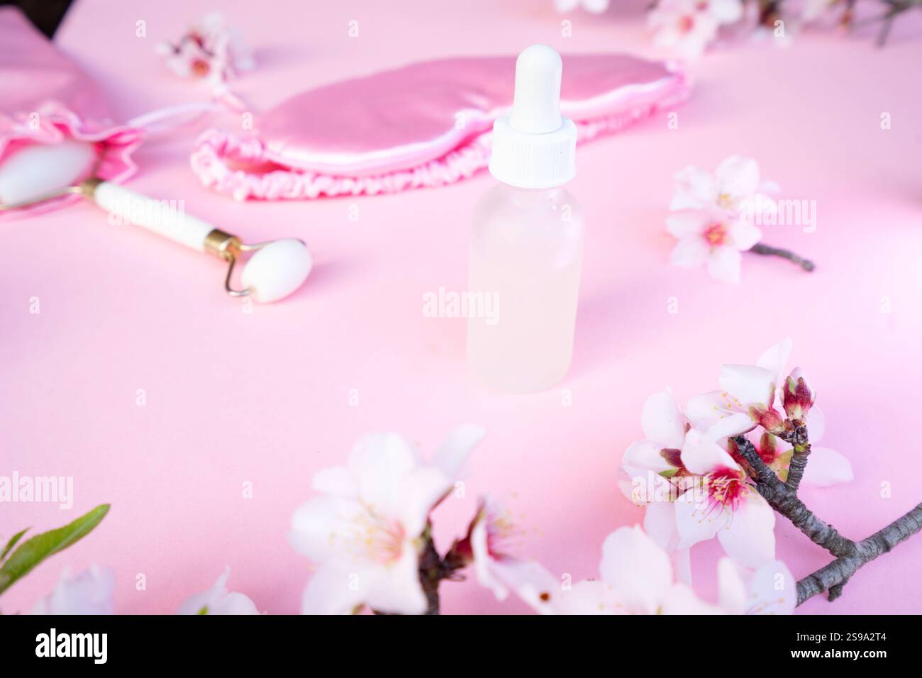 spring flowers with sleeping mask with bottle with cure, sleep-wake ...