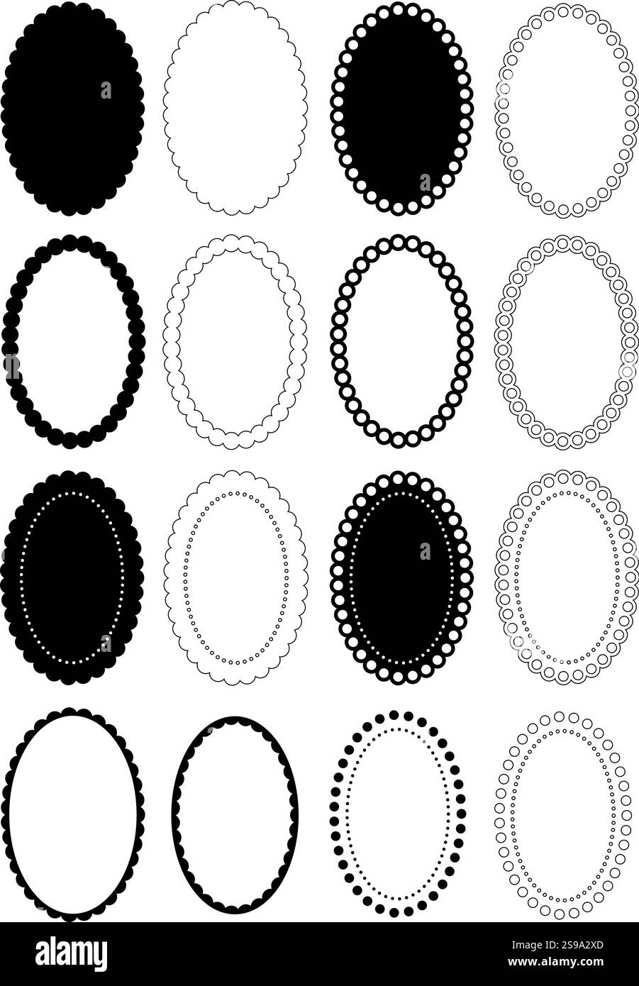 Set of 16 isolated decorative vector scalloped oval templates for ...