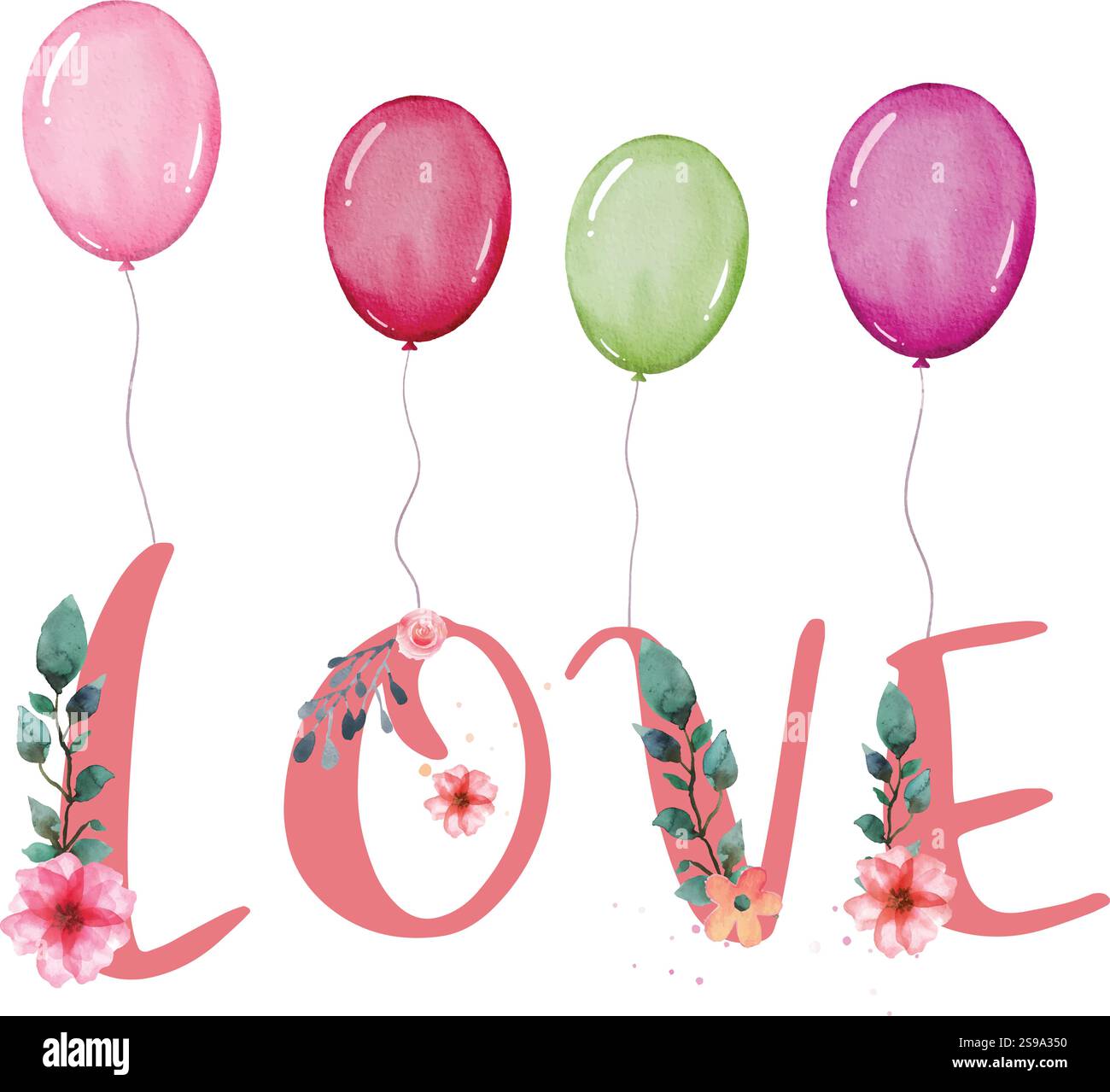 Botanical love with watercolor balloons vector, love with balloons ...