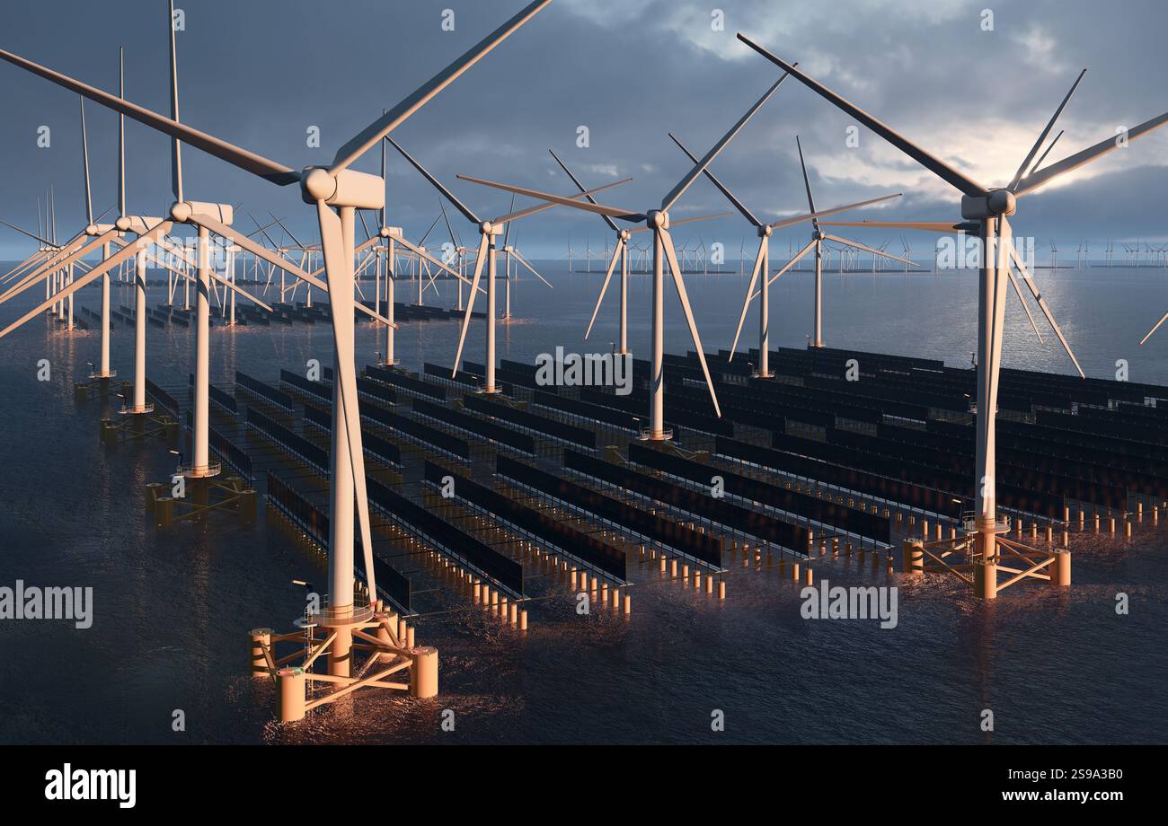 floating solar with offshore wind turbines Stock Photo - Alamy