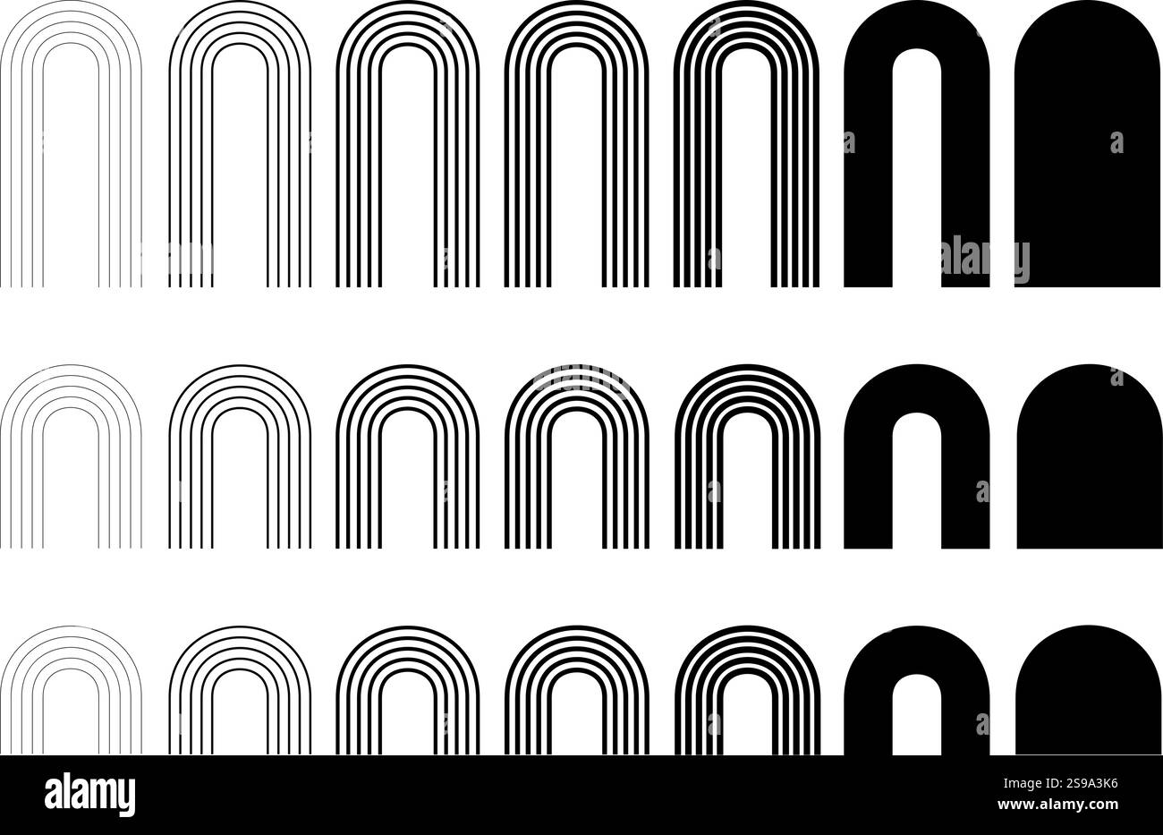 Geometric Arches, Arcs, Rainbows, 5 Band, 5 Lines. Set of 21 Editable Vector Arch Design ...