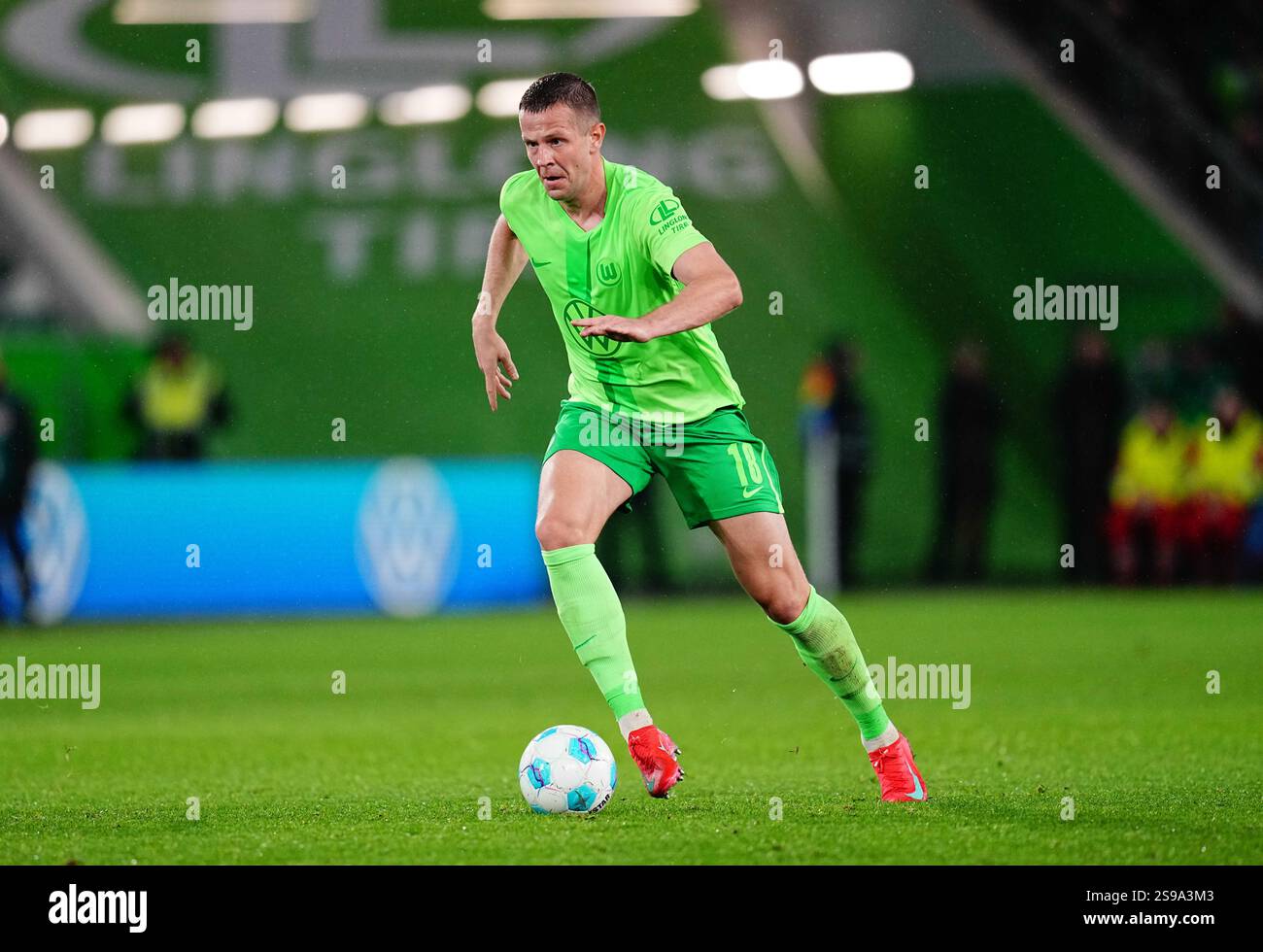 January 24 2025: Konstantinos Koulierakis (VfL Wolfsburg) controls the ...