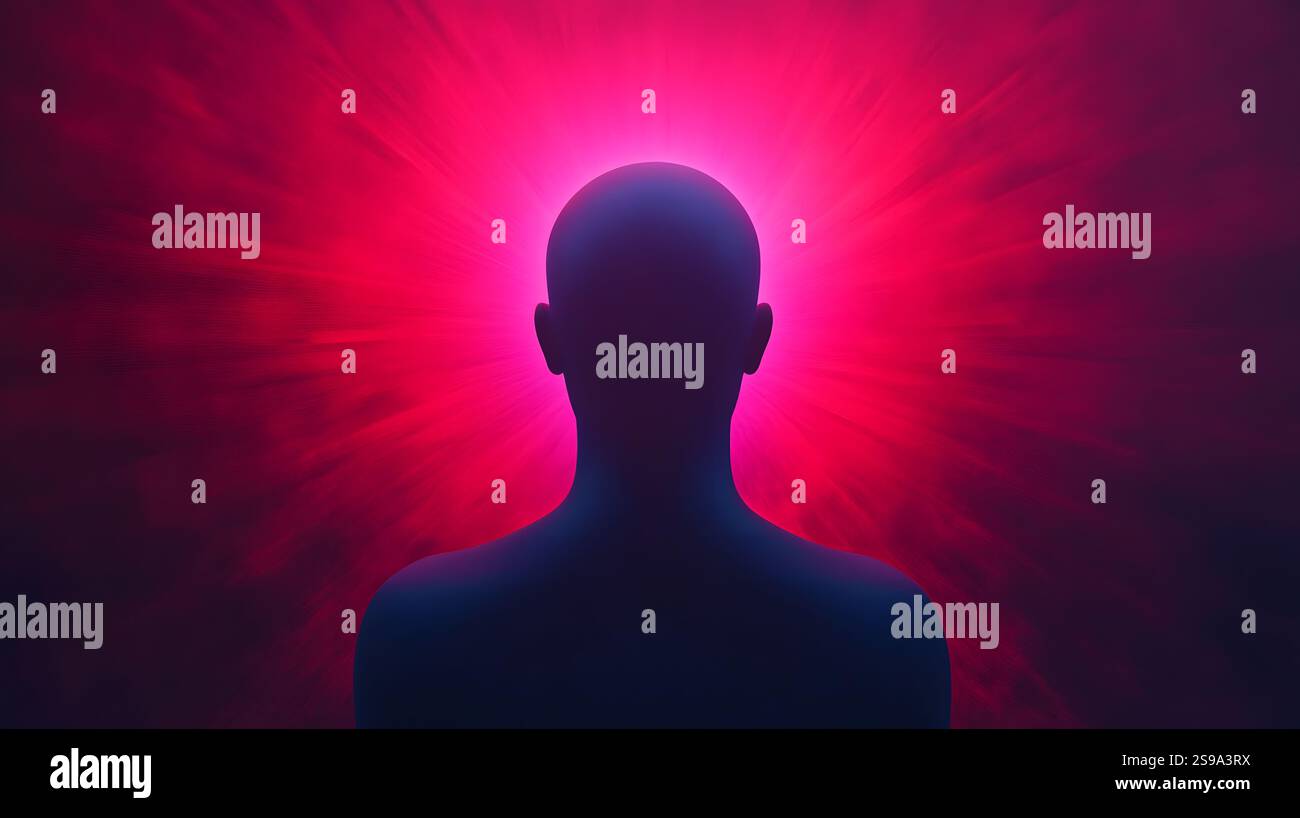 Striking abstract depicting a glowing human figure radiating energy ...