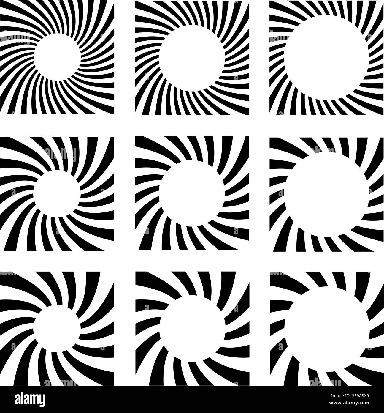 Set of 9 Editable vector swirled radial sunbeams with different sizes ...