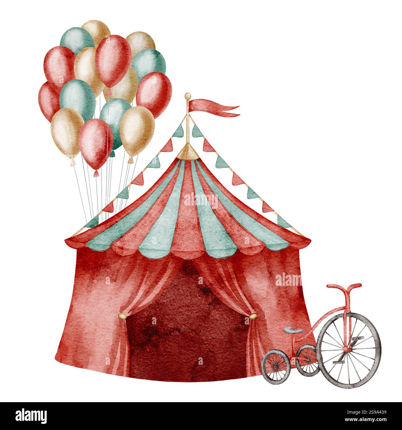 Watercolor illustration of Circus Tent with a tricycle and balloons ...