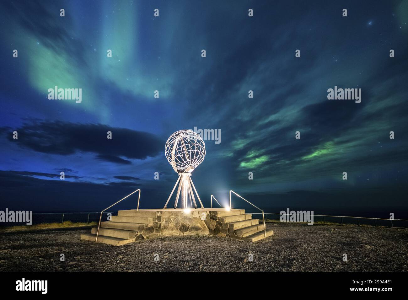 Northern Lights at the North Cape with steel globe, Nordkapp, Finnmark ...
