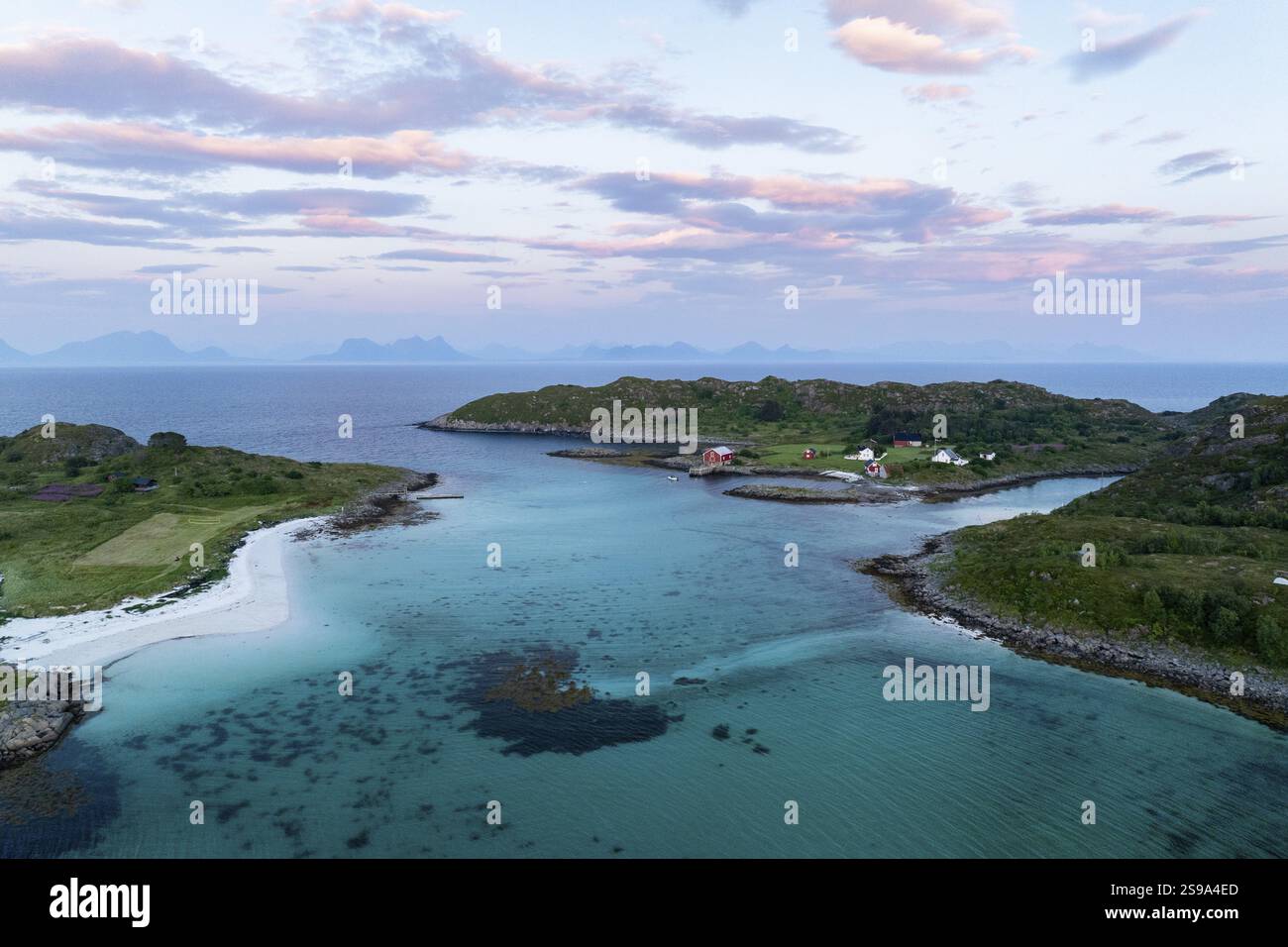 Coast of Skrova island and view of surrounding islands, sandy beaches ...