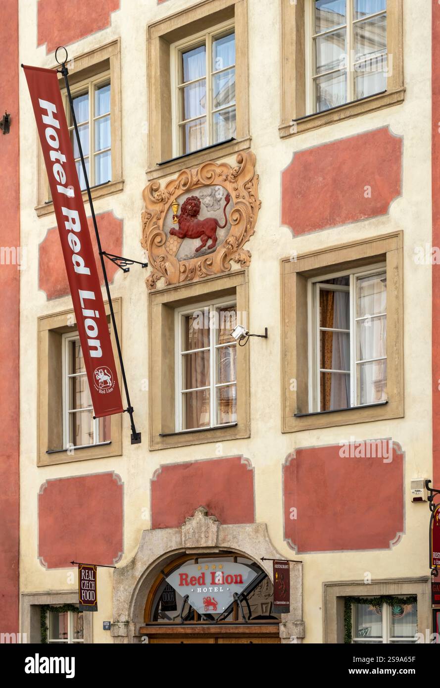 Red Lion House with traditional house sign, Nerudova street, Prague ...