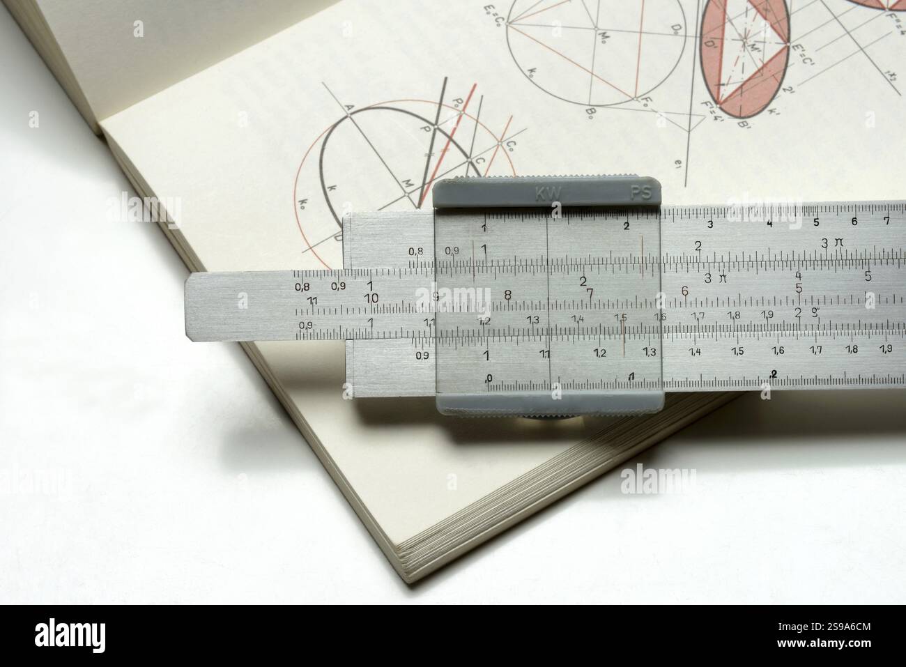 Slide rule on book, calculating aid Stock Photo - Alamy