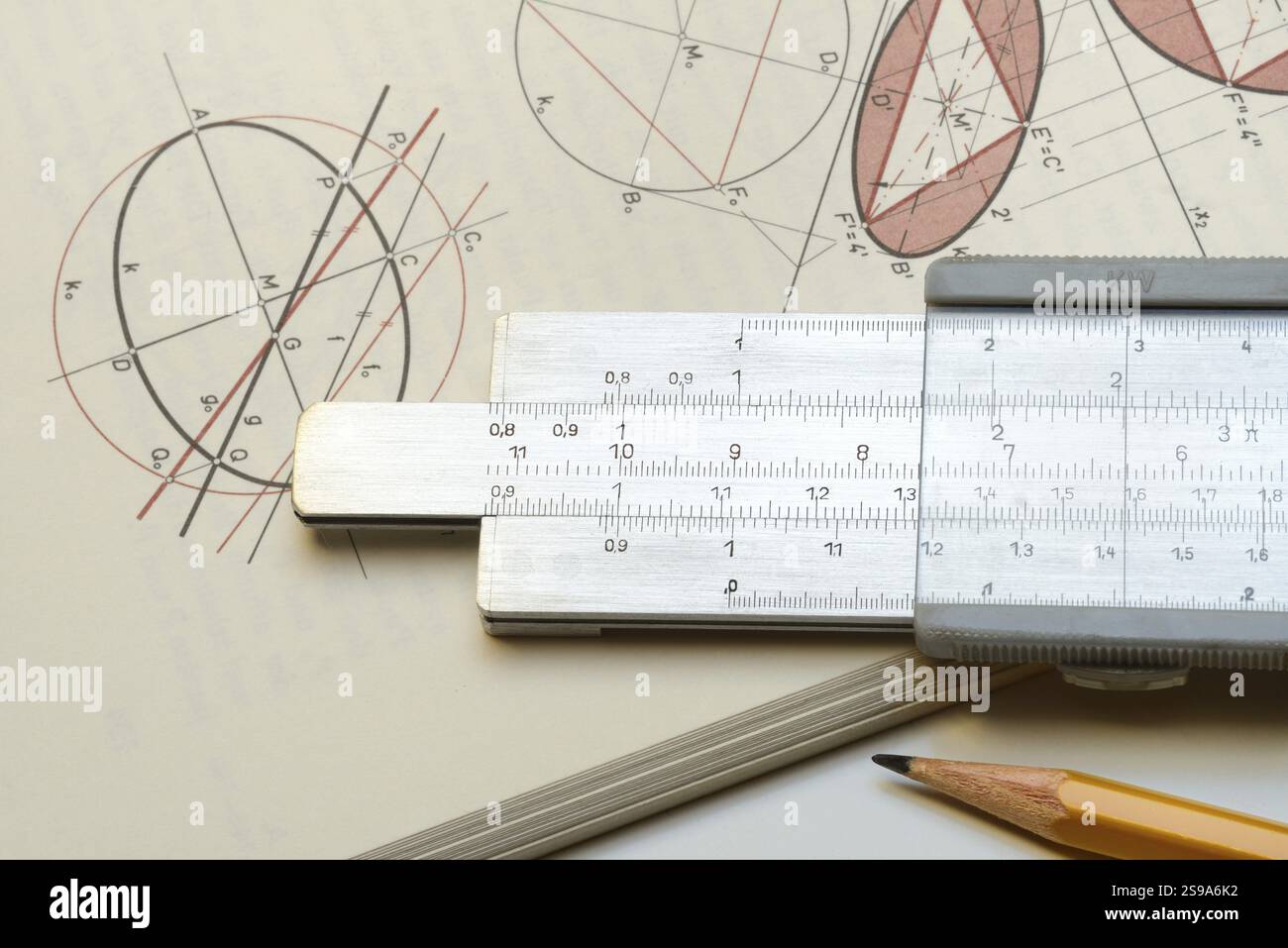 Slide rule on book, calculating aid Stock Photo - Alamy