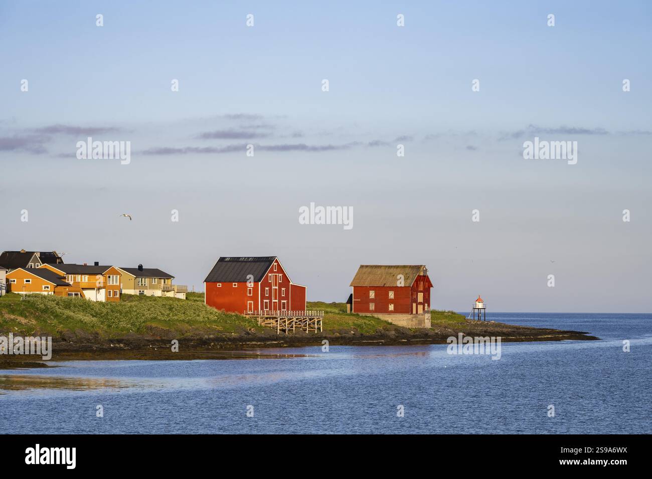 Red houses on the coast, Vardo, Varanger, Finnmark, Norway, Europe ...