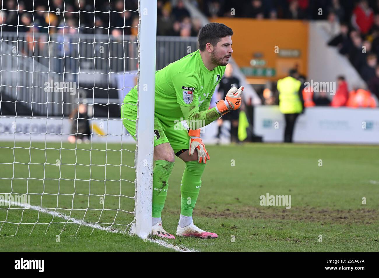 Goalkeeper Christy Pym (1 Mansfield) lines up wall during the Sky Bet ...