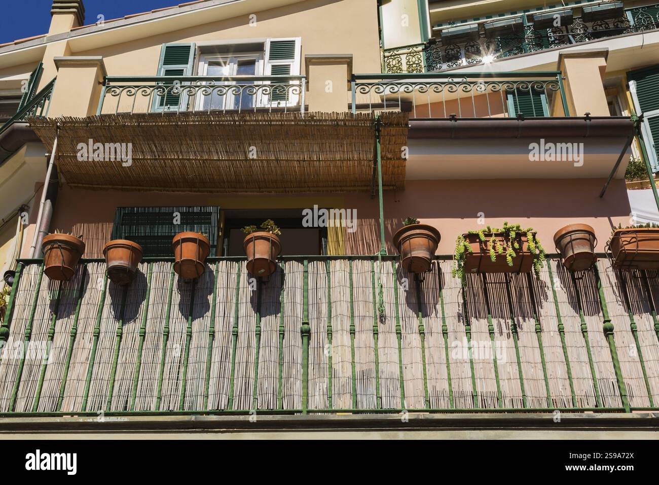 Residential apartment building facade with plants in terracotta ...