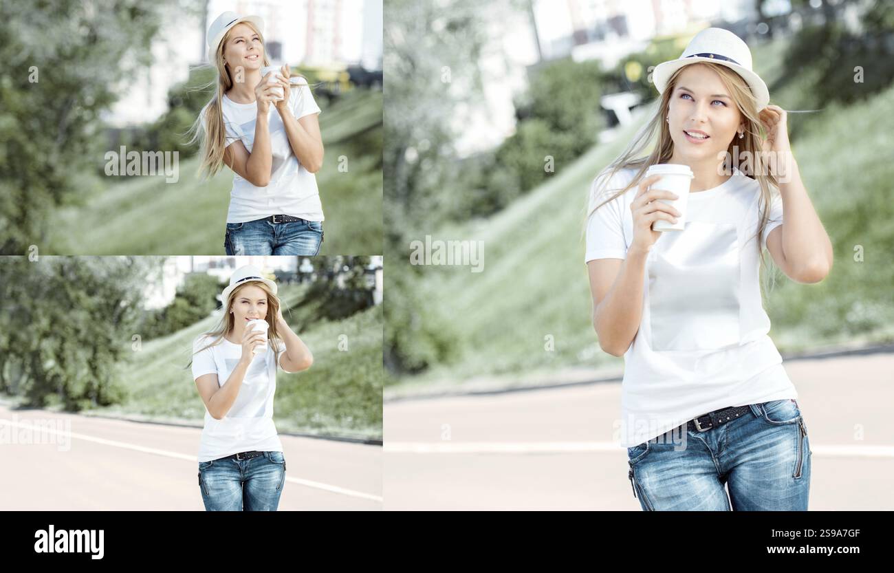 Collage of a beautiful young woman with a takeaway cup of coffee ...