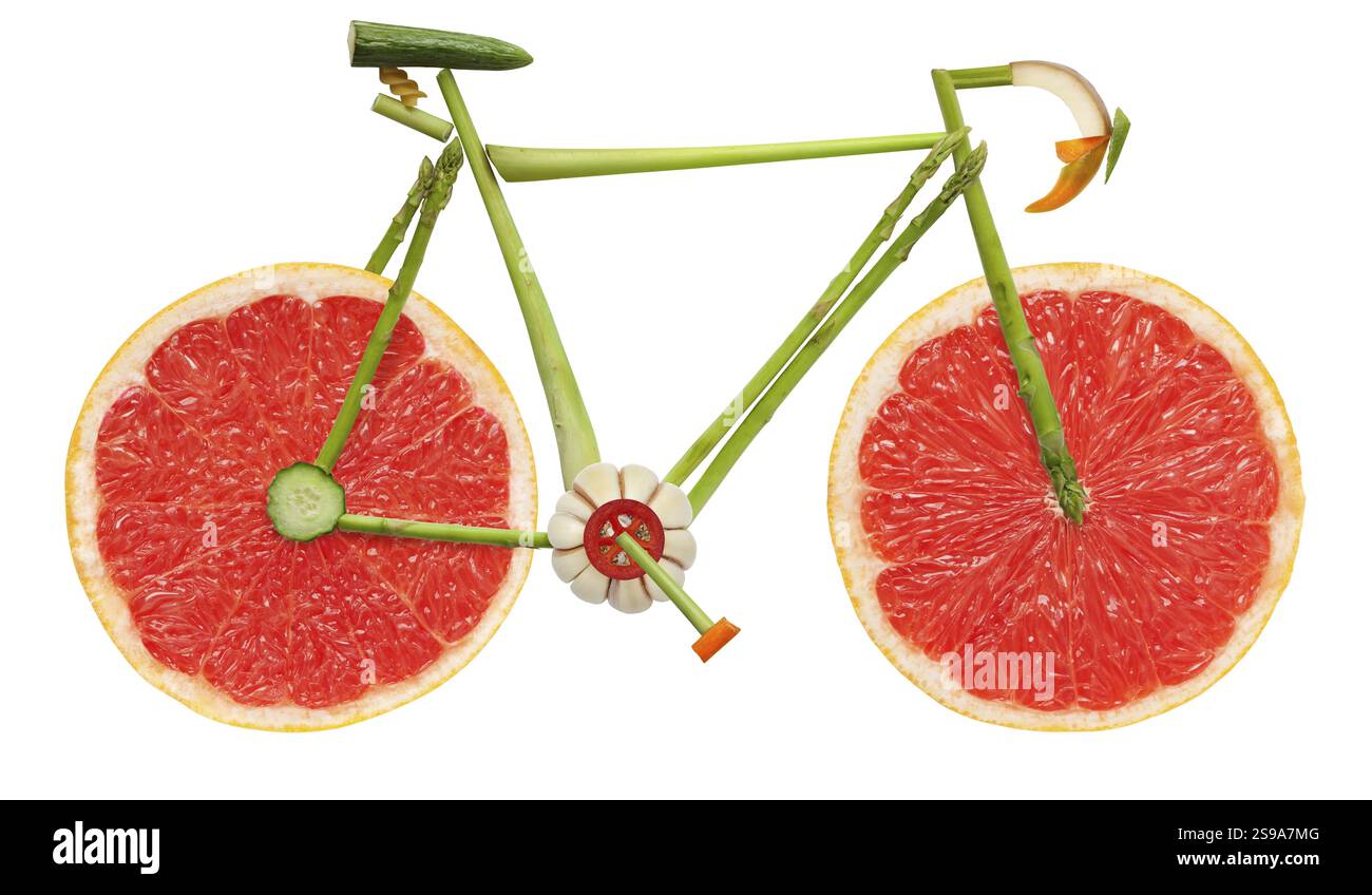 Racing bike made of fruit and vegetables on a white background Stock ...