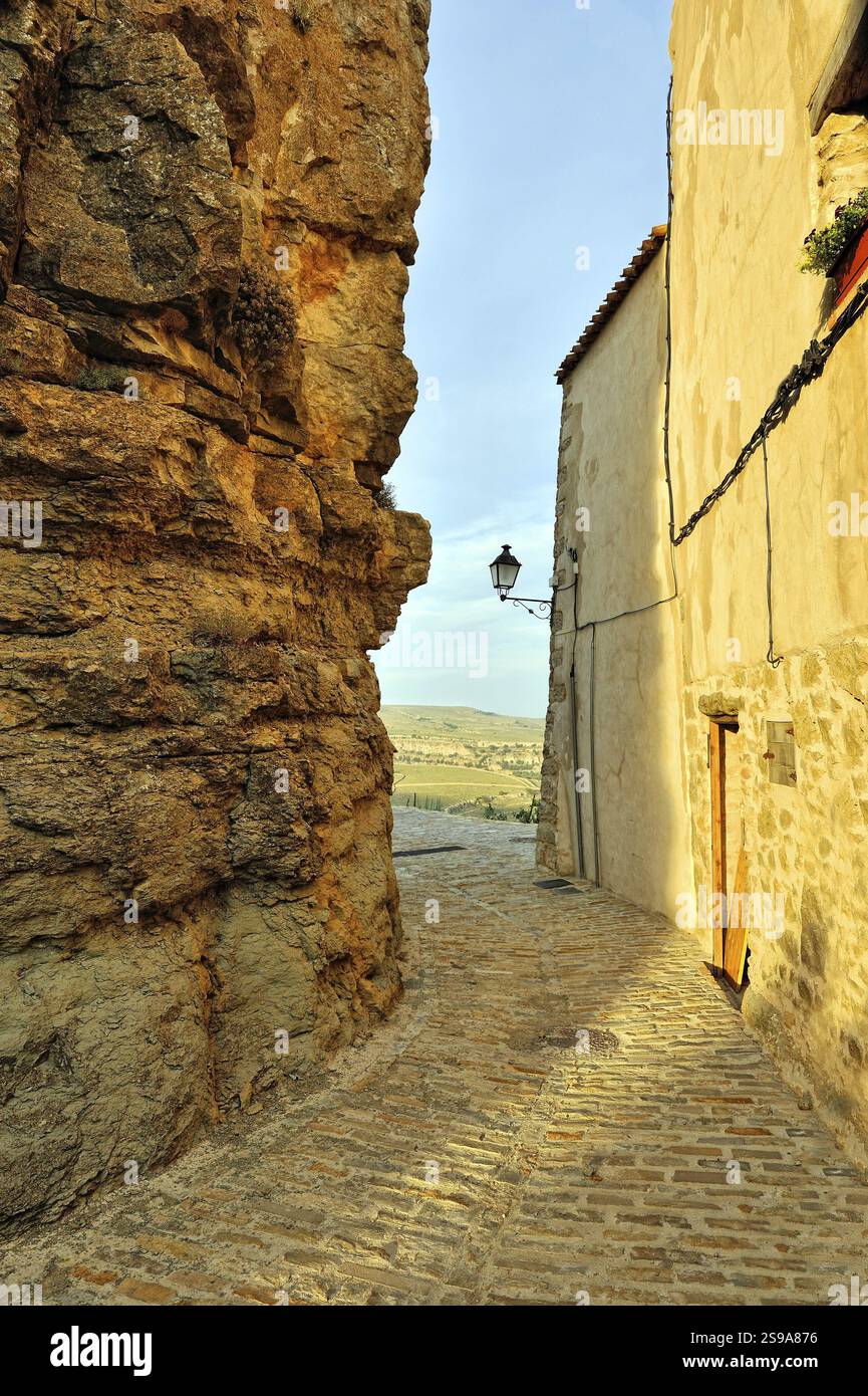 Landscape with the old Spanish town of Ares. Streets of the small town ...