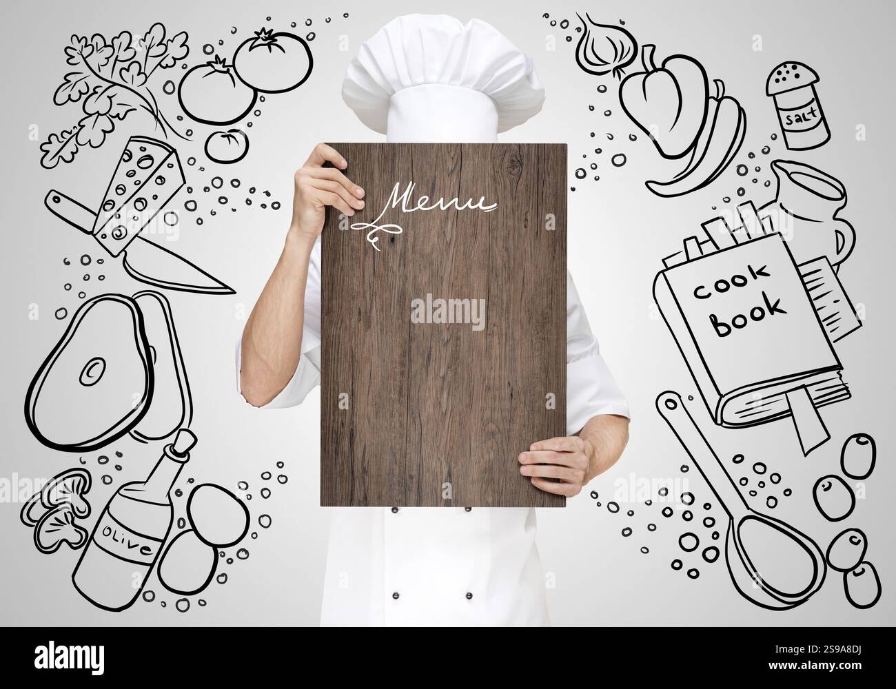 Restaurant Chef on a sketchy background hidden behind a wooden chopping ...
