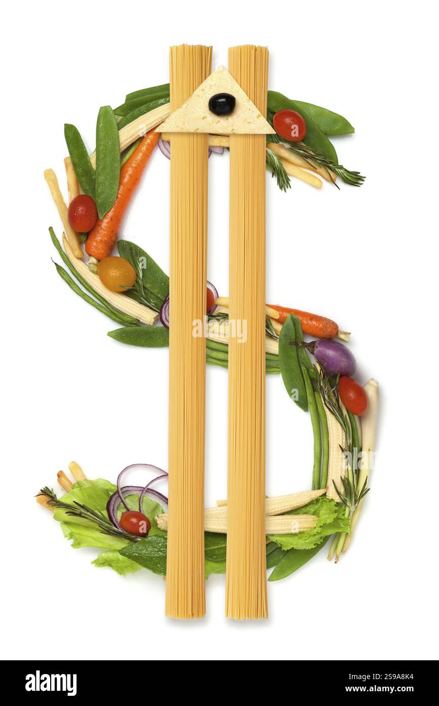 The dollar sign made of green vegetables and noodles with a pyramid ...