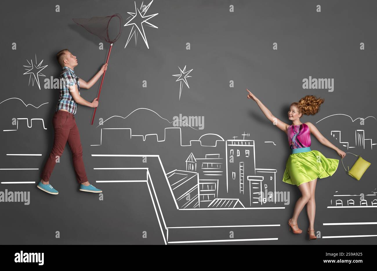 Happy valentines love story concept of a romantic couple catching stars ...