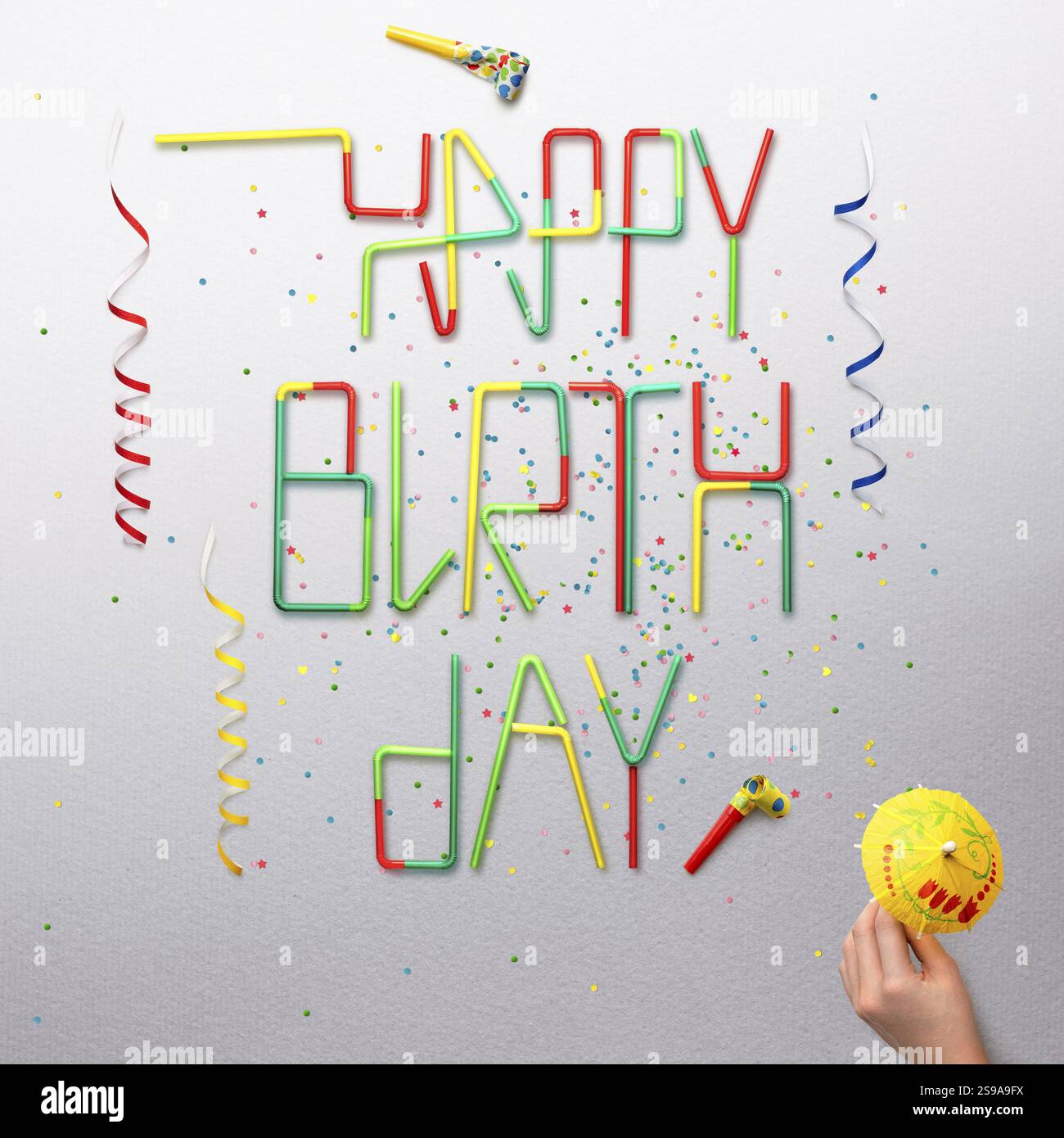 Creative still life photo of happy birthday sign made of cocktail ...